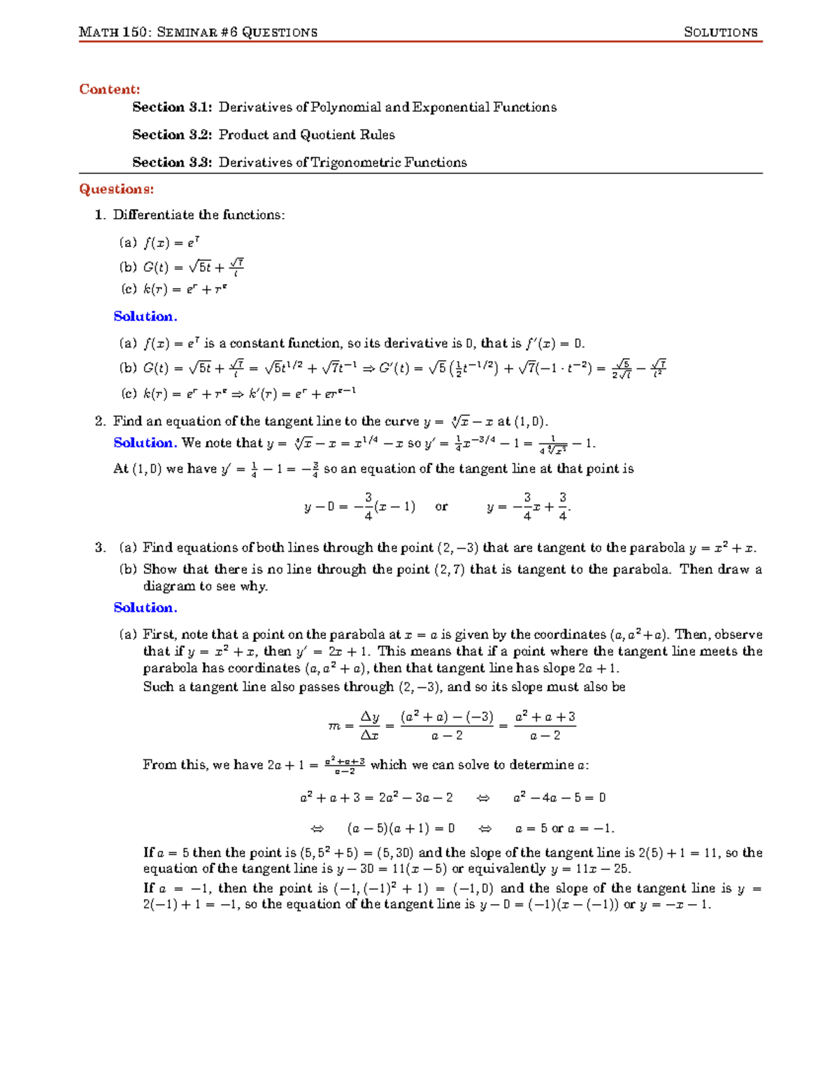 MATH 150: Seminar 06 - Solutions to Derivative Problems - Studocu