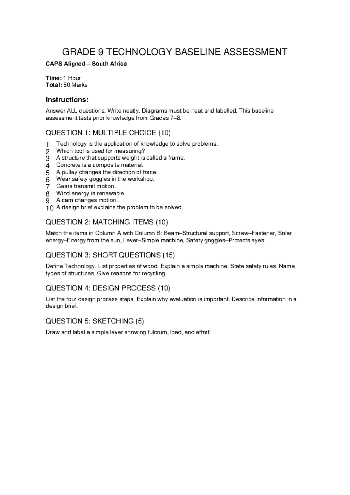 Grade 9 Technology Baseline Assessment - CAPS Aligned Test - Studocu