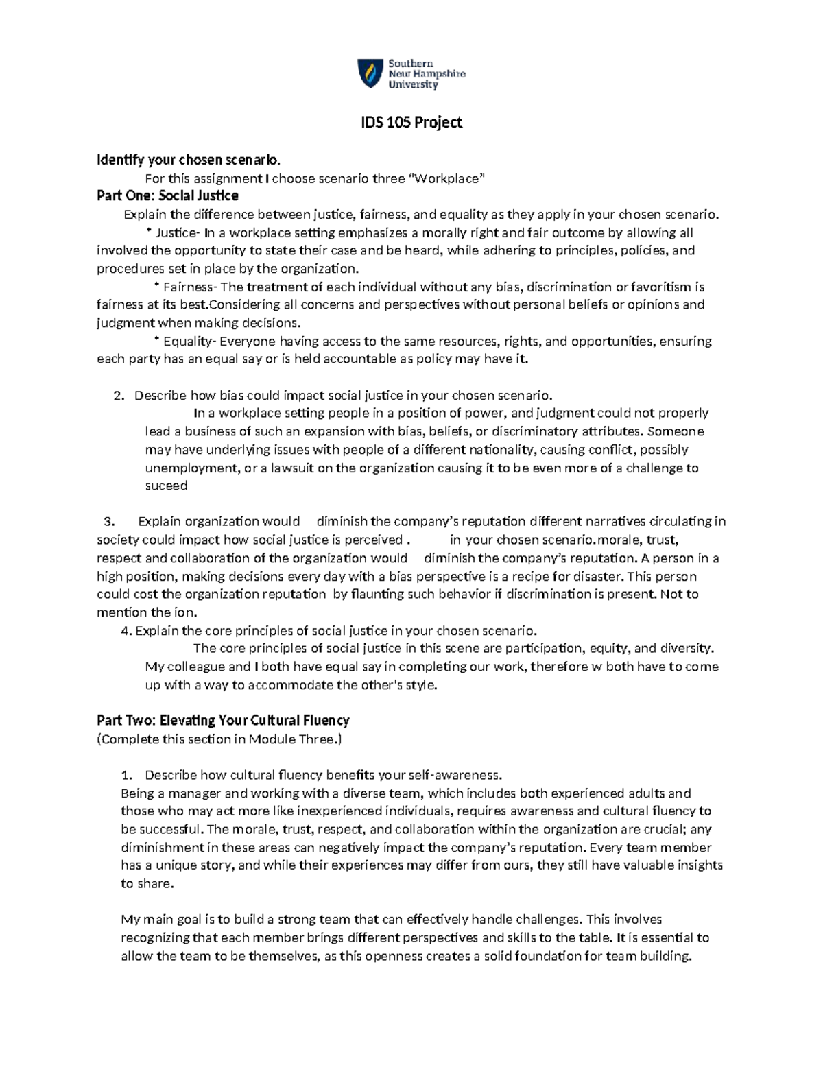 IDS 105 Project: Social Justice, Cultural Fluency, and Collaboration ...