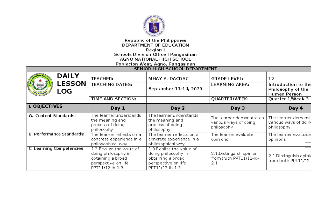 DLL WEEK 3 - Lesson Plan on Philosophy for Senior High School - Studocu