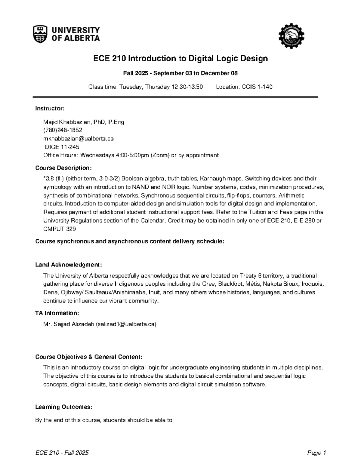 ECE 210 Digital Logic Design Syllabus - Fall 2025 - Studocu