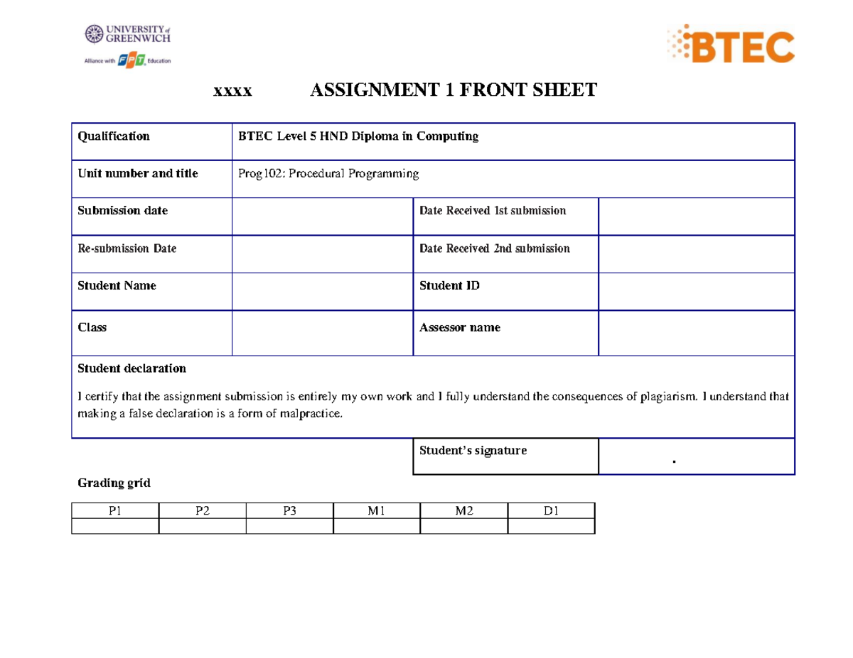 ASM1 PROG102 - very cleary! - xxxx ASSIGNMENT 1 FRONT SHEET Qualification BTEC Level 5 HND ...