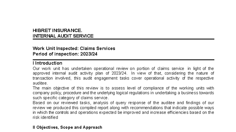 HIBRET INSURANCE: Internal Audit Report on Claims Services (08052025 ...