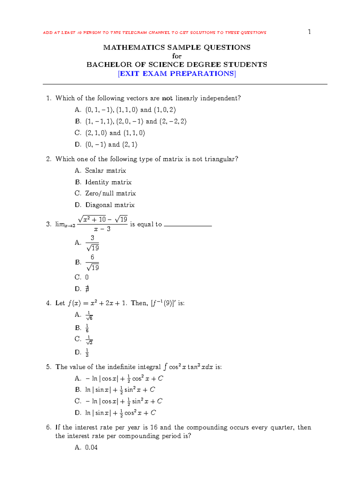 Mathematics Exit Exam Sample Questions for BSc Students - Studocu