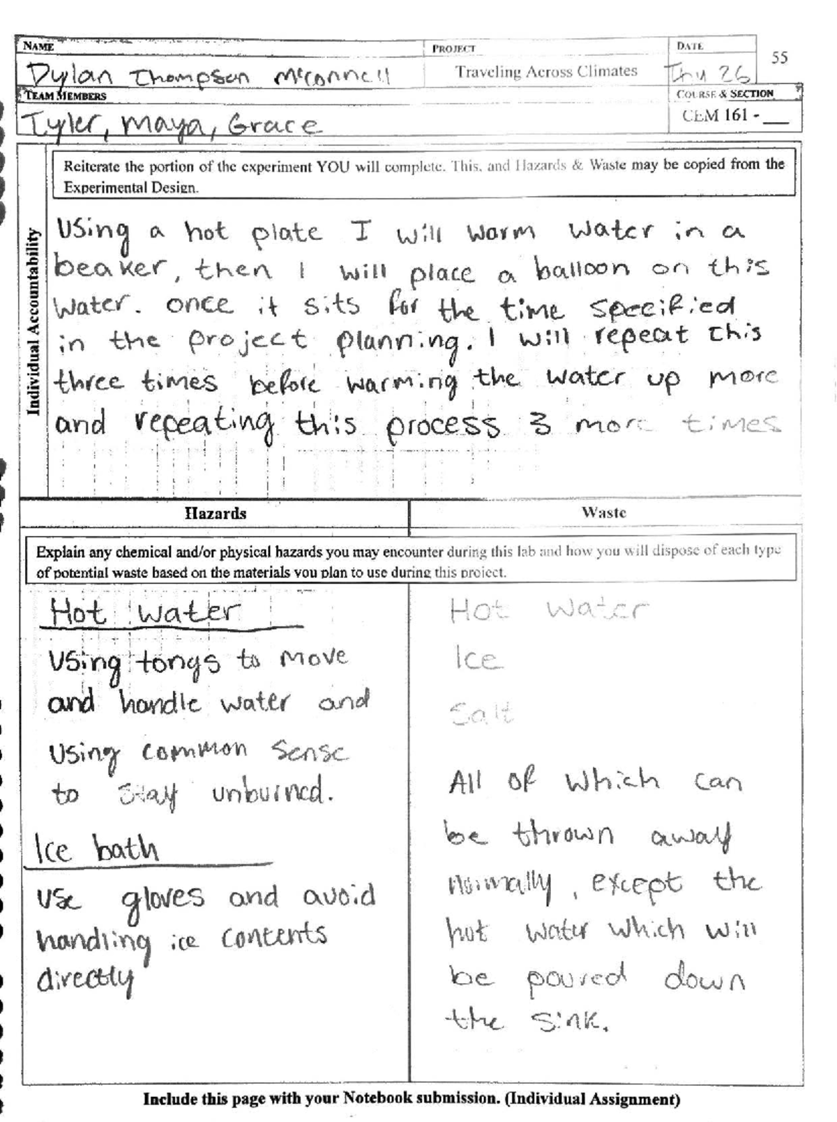 CEM 161 Individual Lab Report: Traveling Across Climates Experiment ...