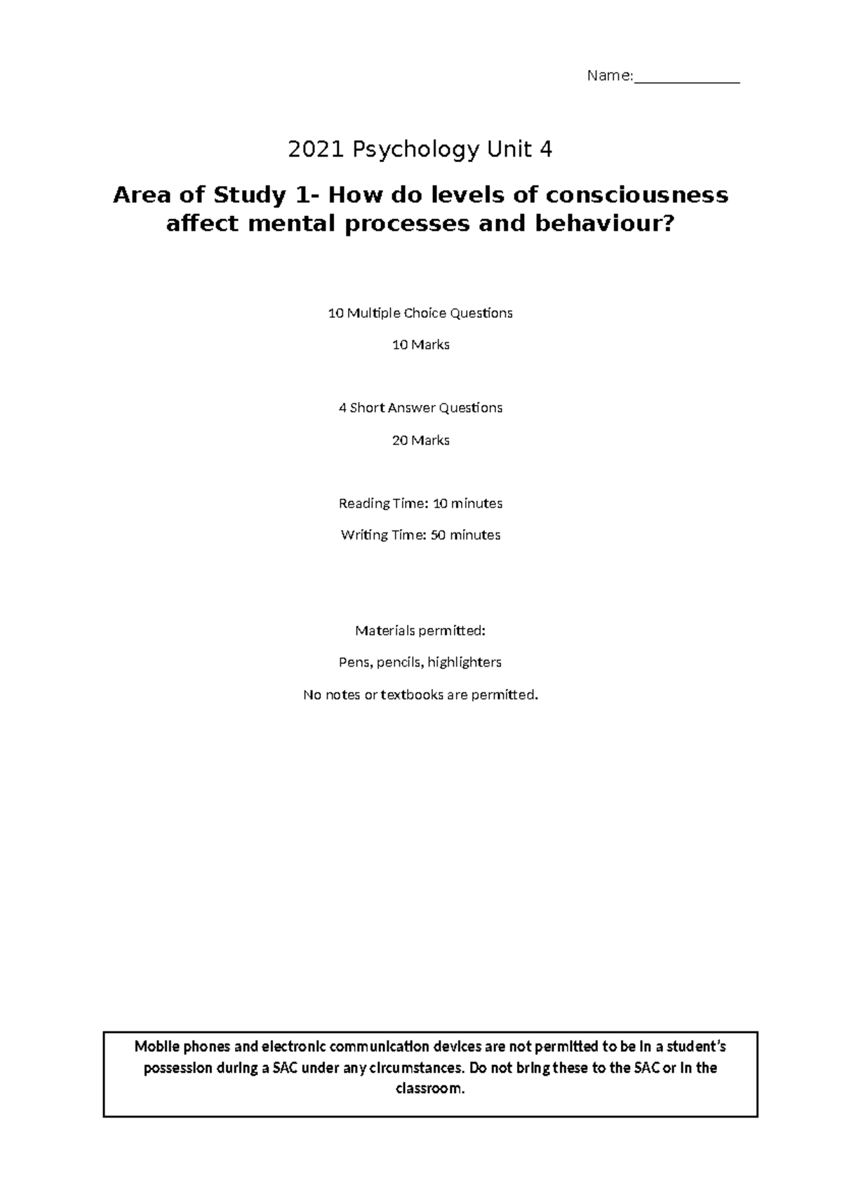 22 SAC Unit 4 AOS1 Psychology: Sleep & Consciousness Exam Answers - Studocu