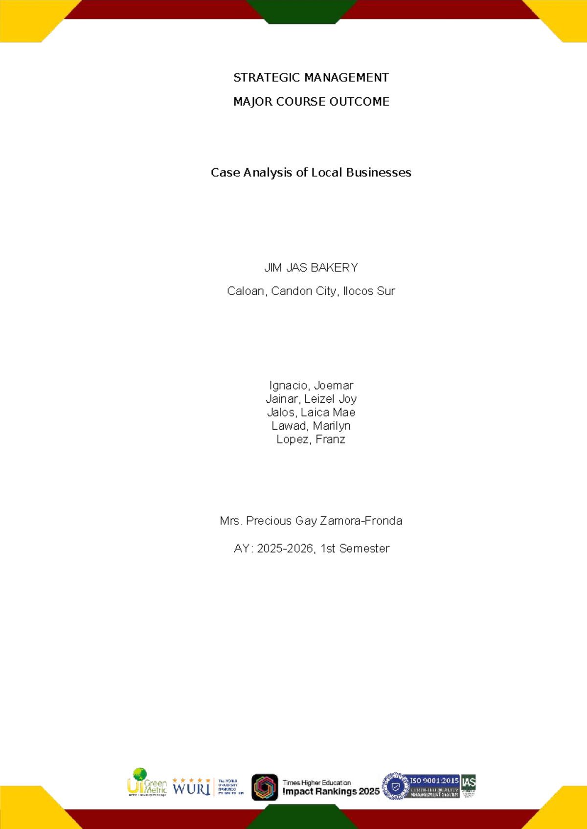 MCO 1st Sem Case Study: Jim Jas Bakery Analysis - Studocu