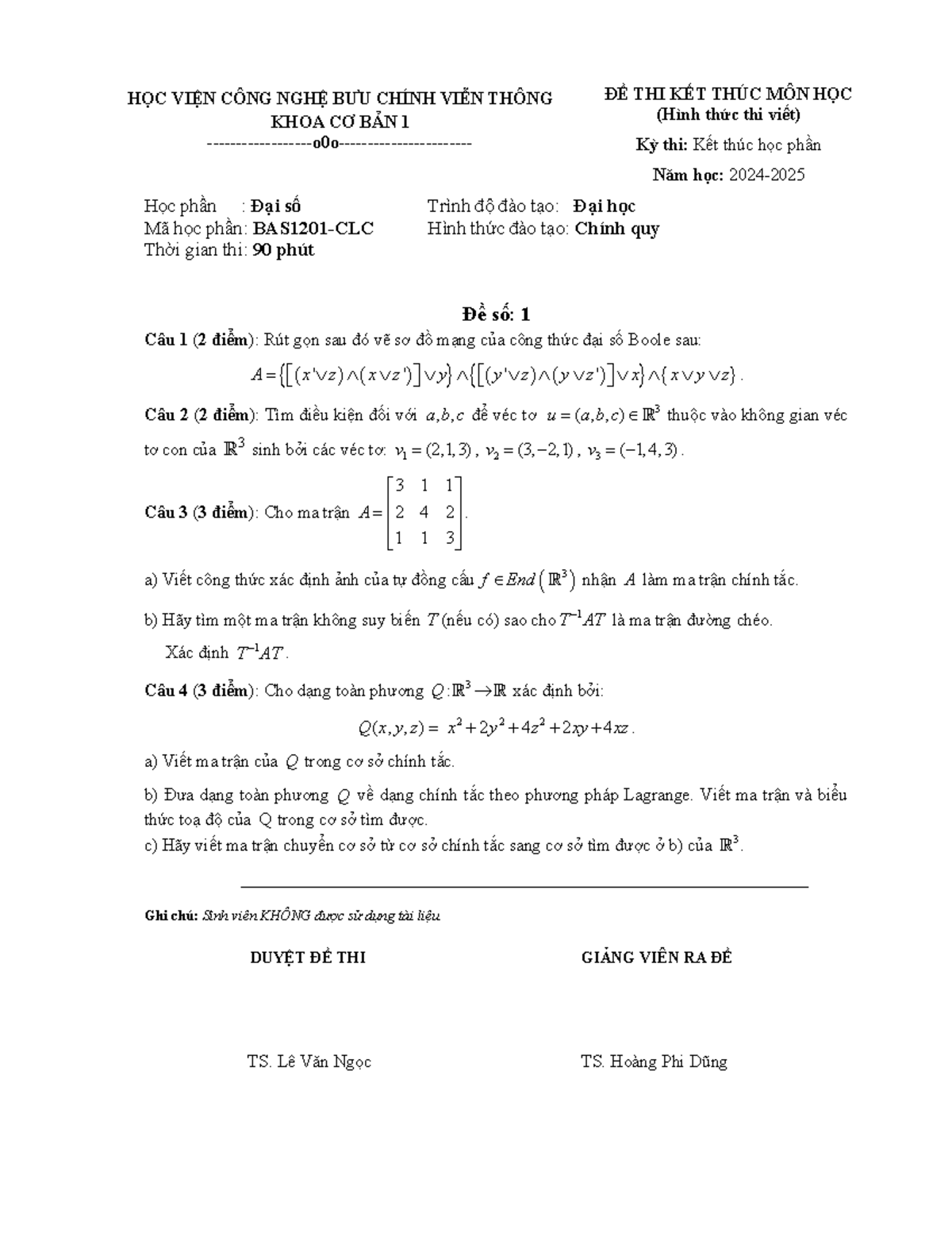Đề Thi Kết Thúc Môn Đại Số (Mã HP: 1) - Học Viện CNTT - Studocu