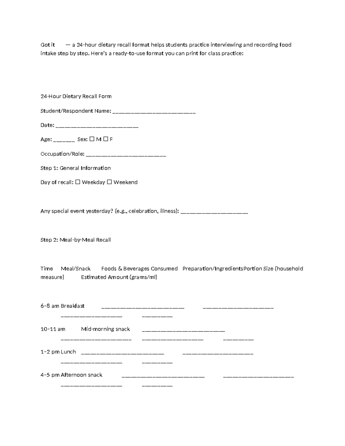 Dietary Recall Form for 24-Hour Food Intake Practice - Studocu