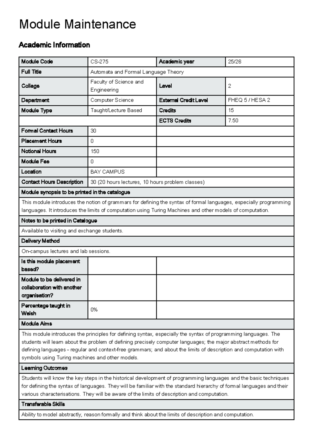 Cs275 syllabus - Module Maintenance Academic Information Module Code CS-275 Academic year 25 ...