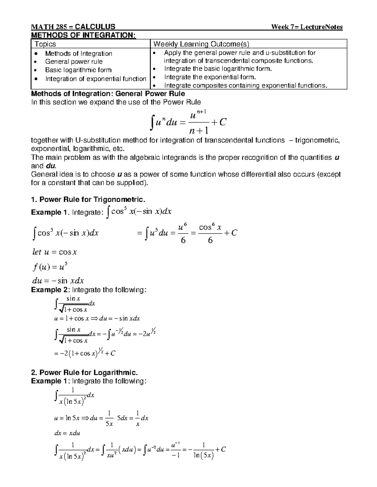 MATH 285: Week 7 Lecture Notes on Integration Methods - Studocu