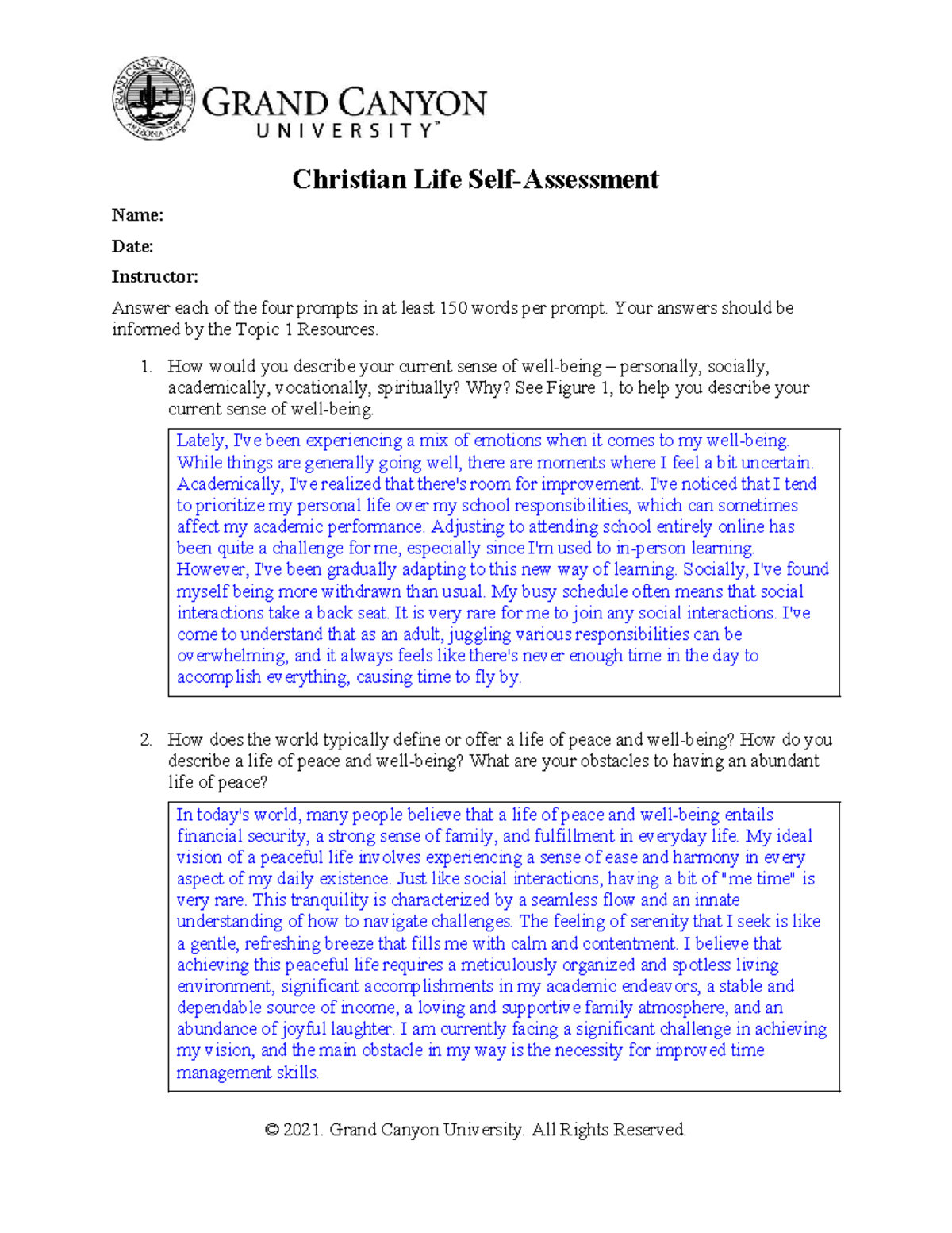 CWV-316-RS-T1 Christian Life Self-Assessment Reflection Essay - Studocu