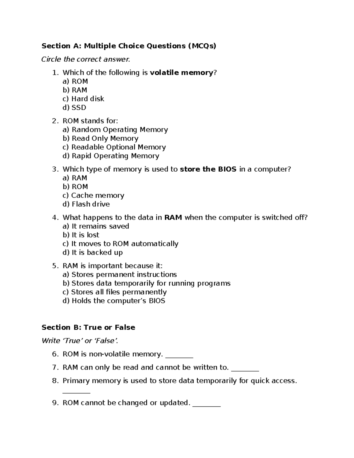 RAM and ROM MCQs & Short Answer Questions - fgg - Studocu