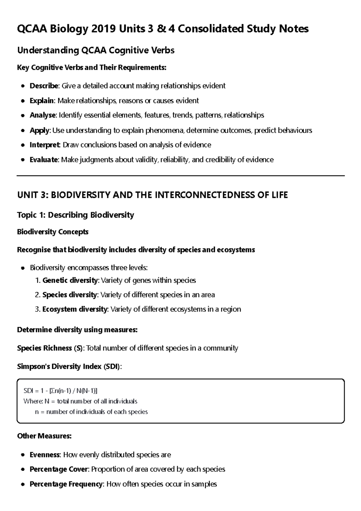 QCAA Biology 2019 Units 3 & 4 Comprehensive Study Notes - Studocu