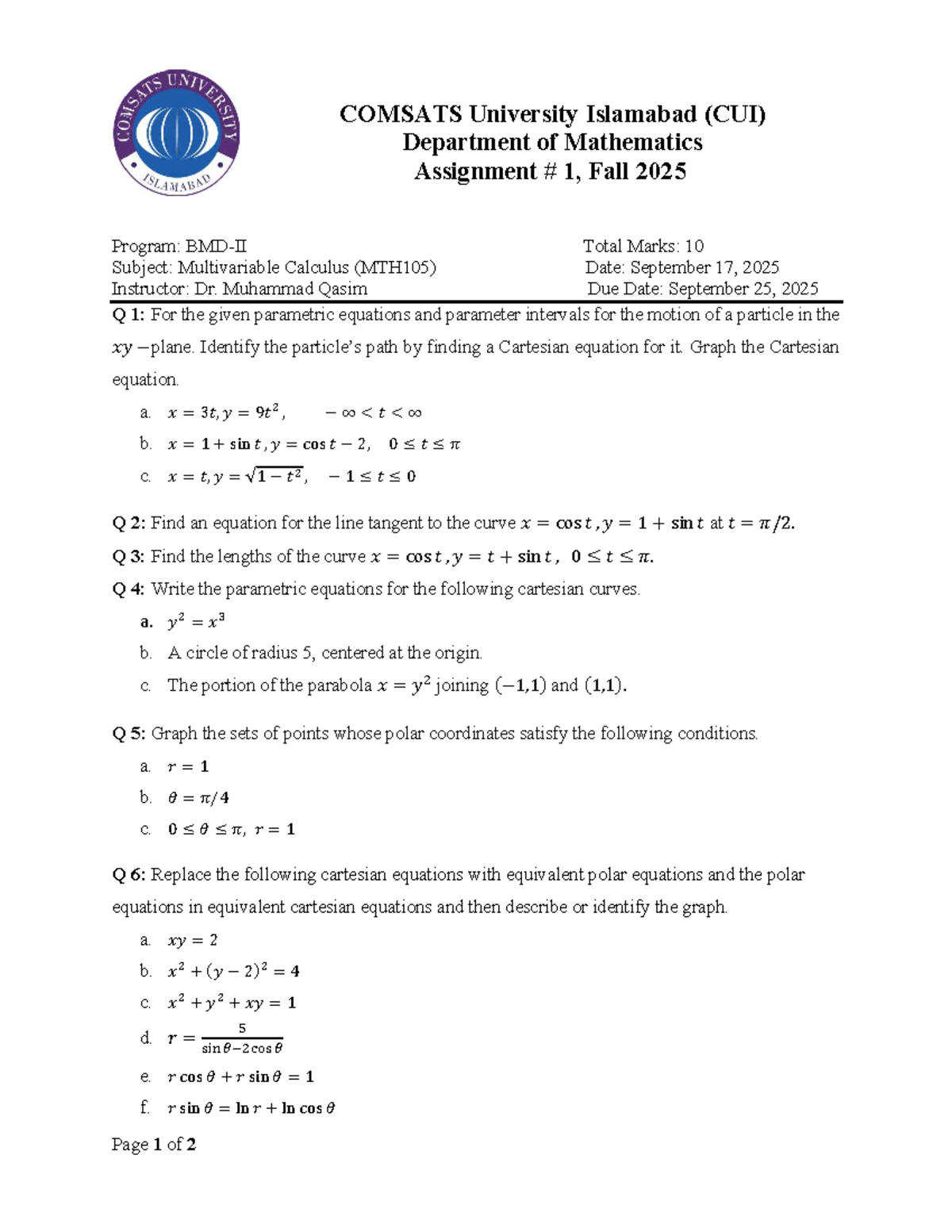MTH105 Assignment 1: Multivariable Calculus - Fall 2025 - Studocu