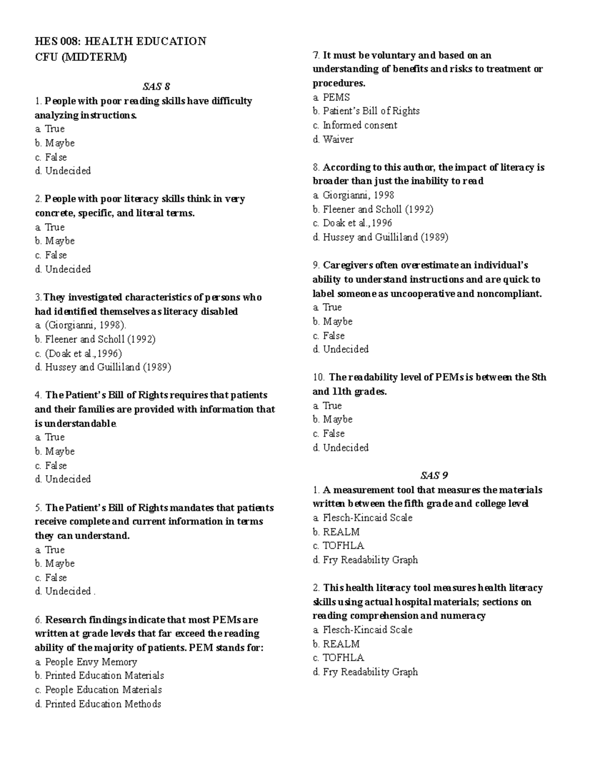 HES 008: Health Education Midterm Exam Review Notes - Studocu