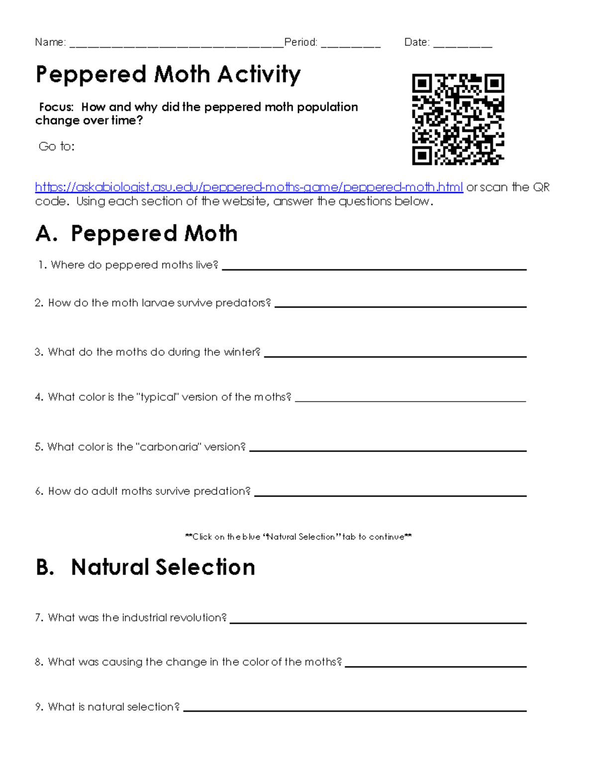 Peppered Moth Activity: Natural Selection & Population Changes - Studocu