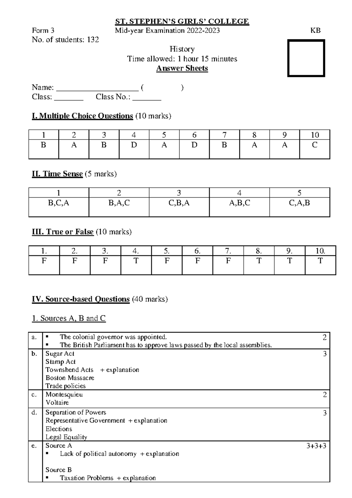 HIST 2022-2023 Term 1 Form 3 Exam Answers - Studocu