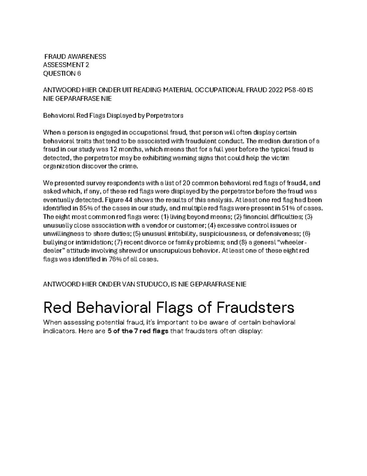 FRAUD AWARENESS ASSESSMENT 2: BEHAVIORAL RED FLAGS OF FRAUDSTERS - Studocu
