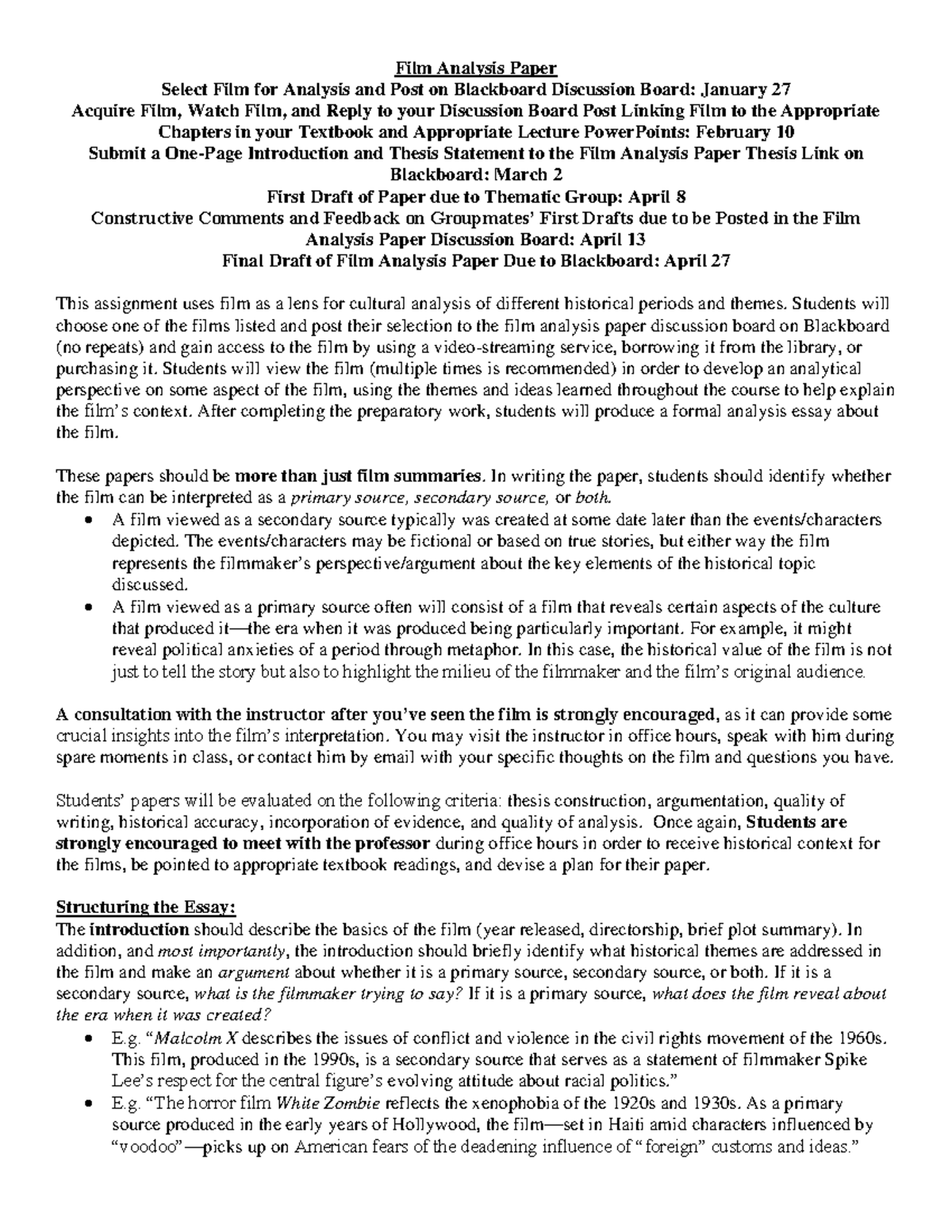 Film Analysis Paper Assignment Guidelines for Cultural Evaluation - Studocu