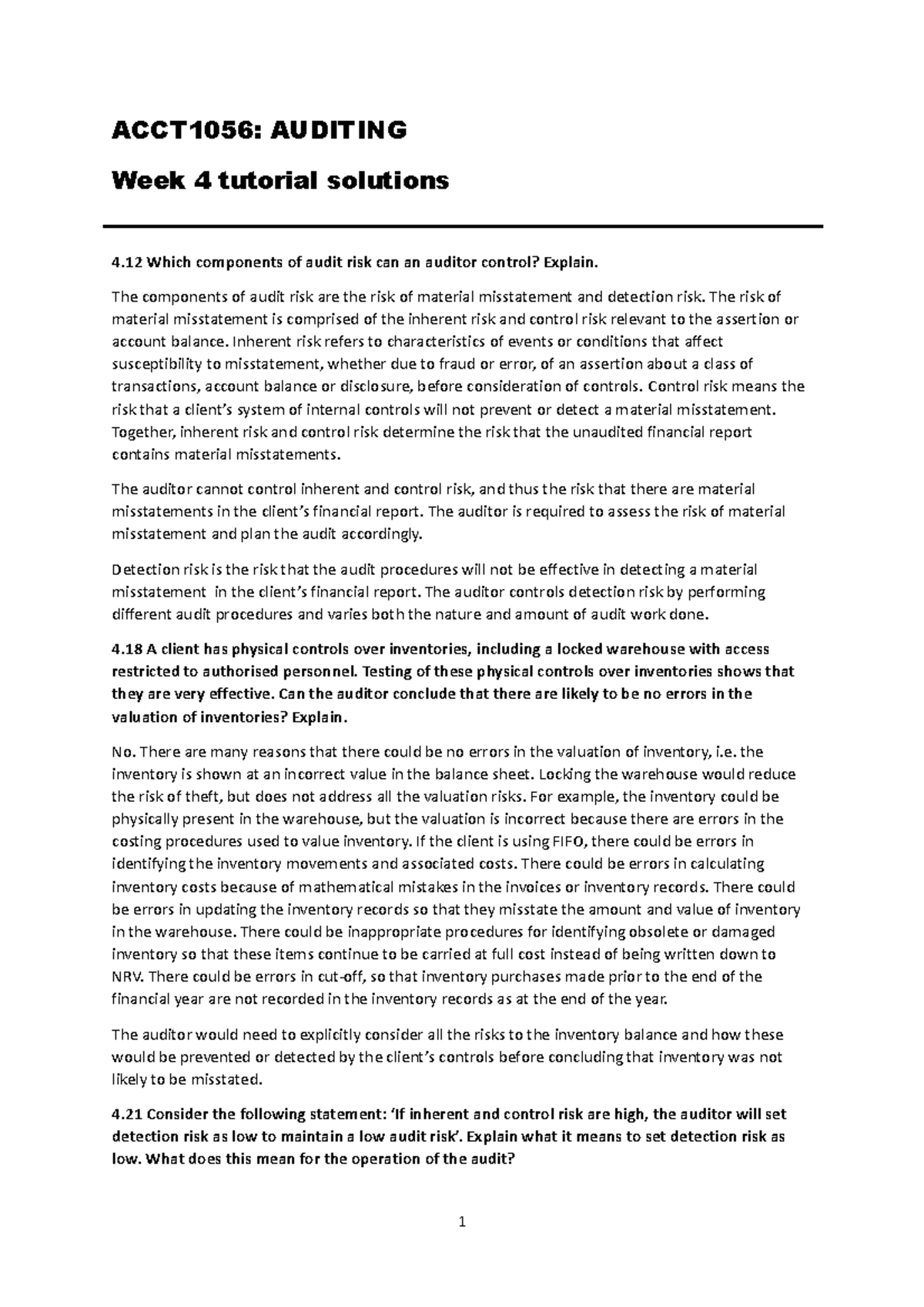 ACCT1056 Week 4 Tutorial Solutions: Audit Risk & Detection Measures - Studocu