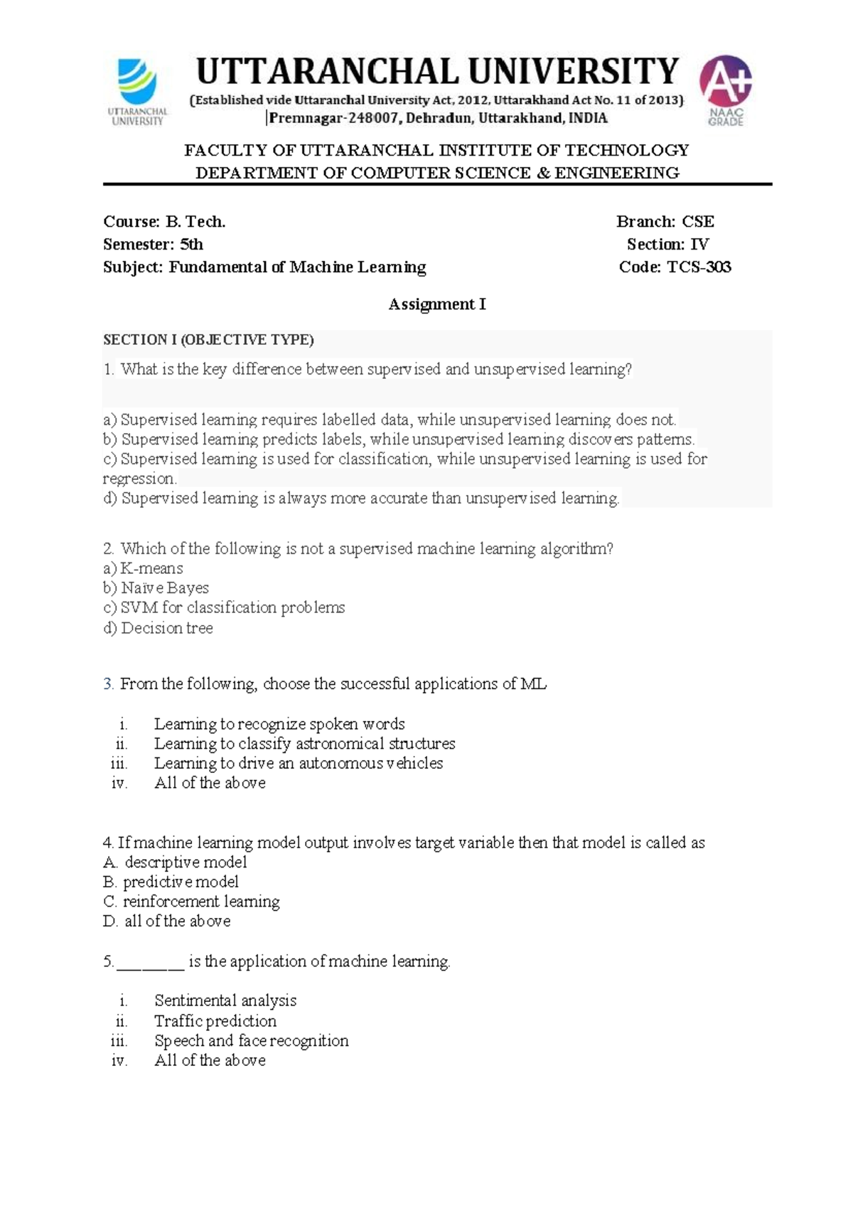 TCS-303 - Assignment I: Fundamentals of Machine Learning Practice - Studocu