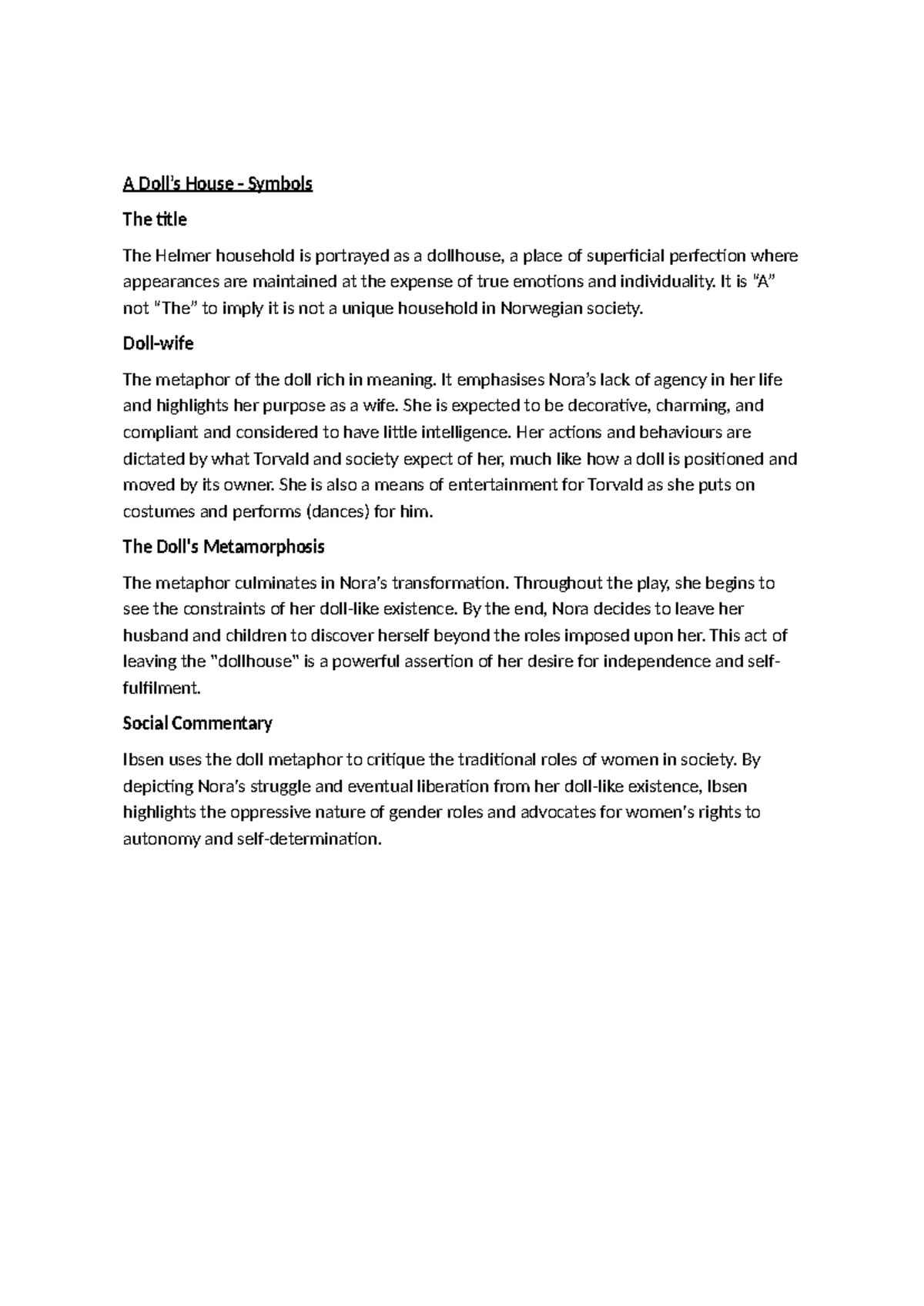 A Doll's House Symbols Analysis: The Helmer Household Dynamics - Studocu