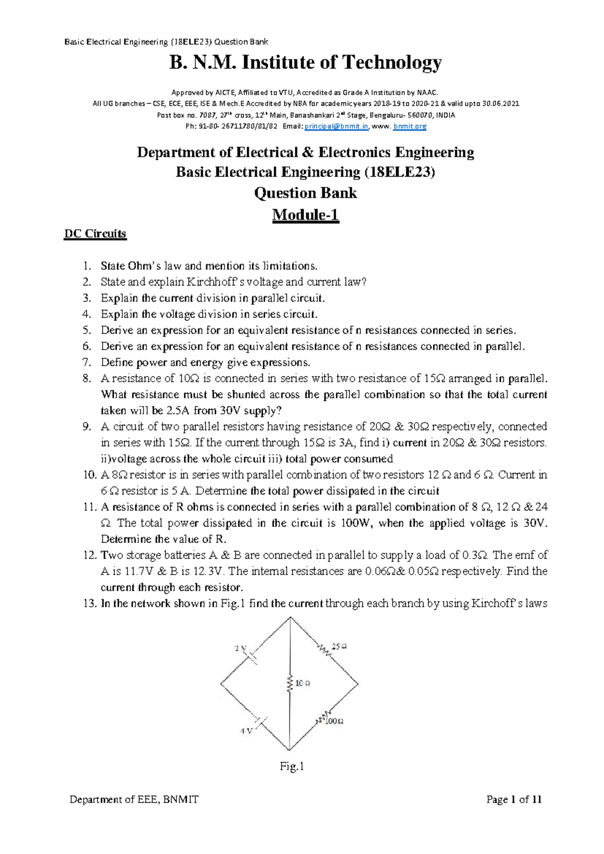 BEE Question Bank (18ELE23) for All Modules - 2019-20 - Studocu