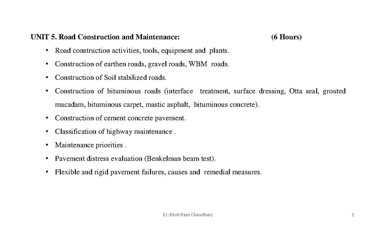 Unit 5: Road Construction and Maintenance Overview and Techniques - Studocu