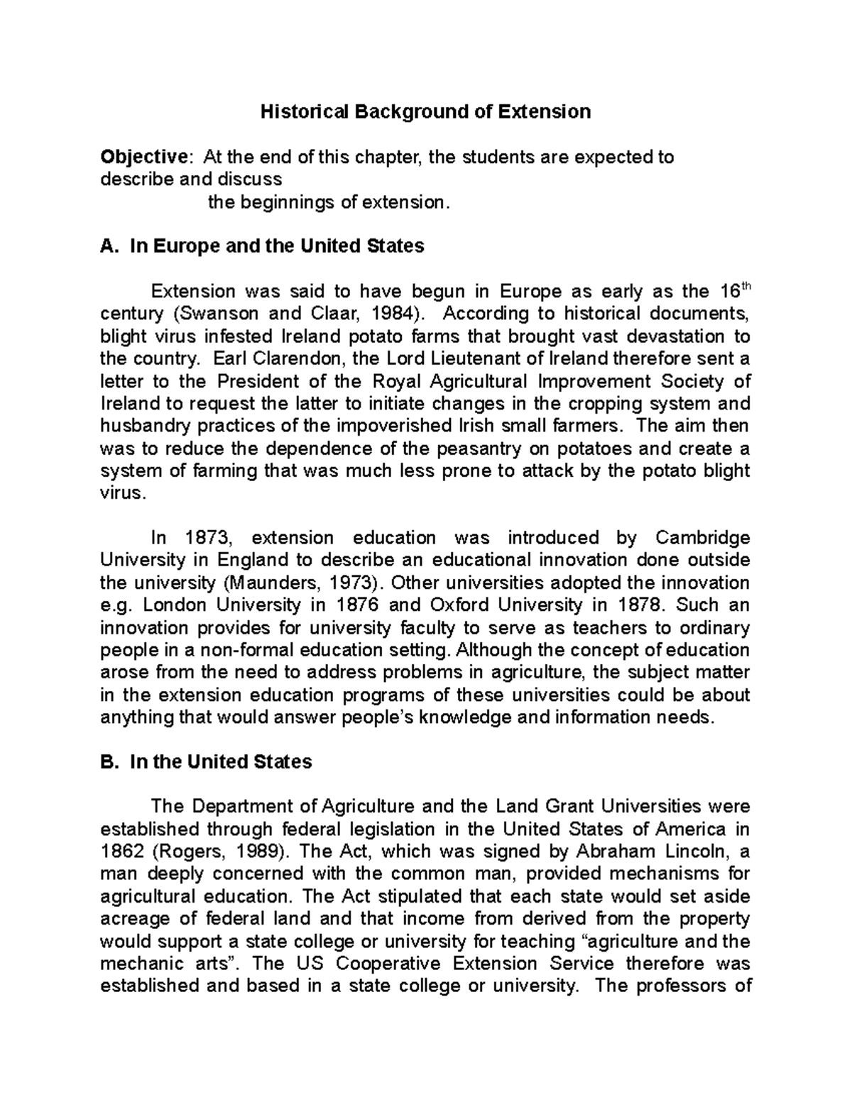 Historical Background of Extension Education in Europe & US - Studocu