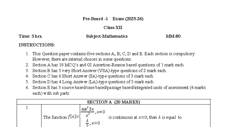 Maths XII Preboard Exam Question Paper - 3 Hours - Studocu