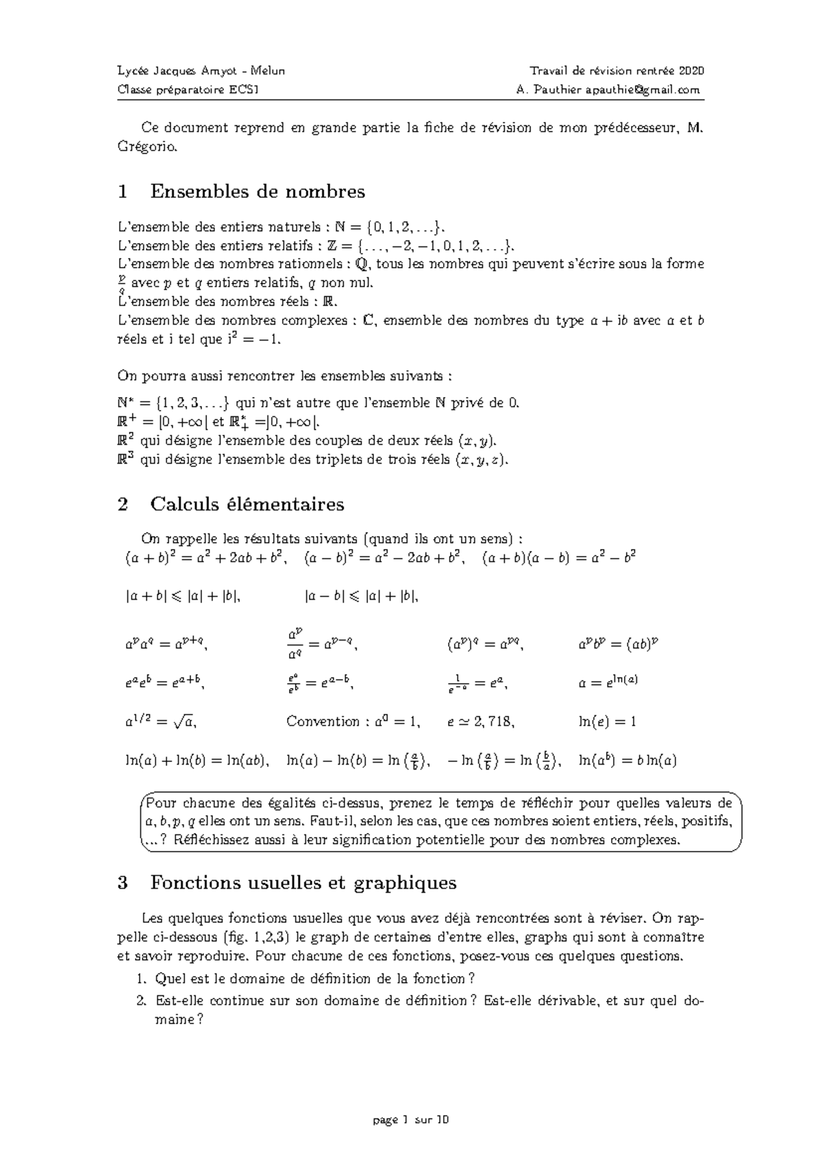 Mathematiques ecs1 programme de revisions pour la rentree 2020 - Classe ...