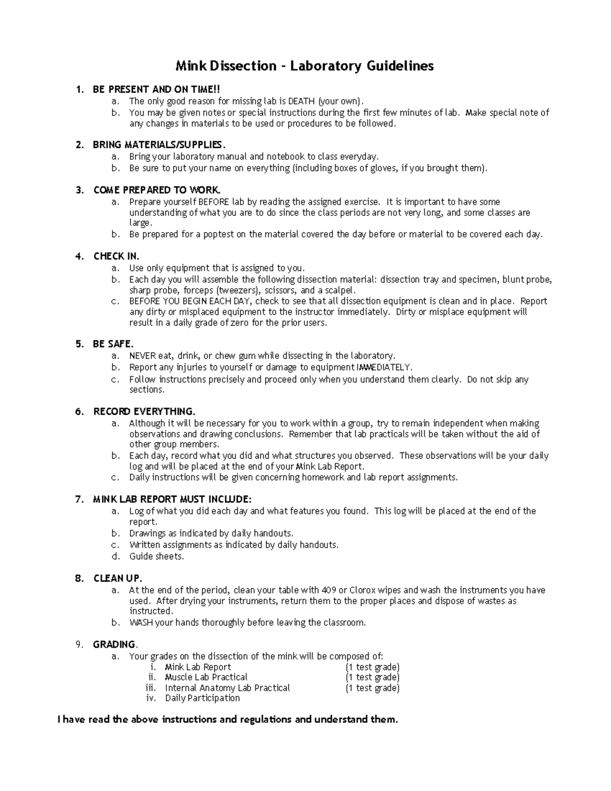 Mink Dissection: Laboratory Guidelines for Anatomy & Physiology - Studocu