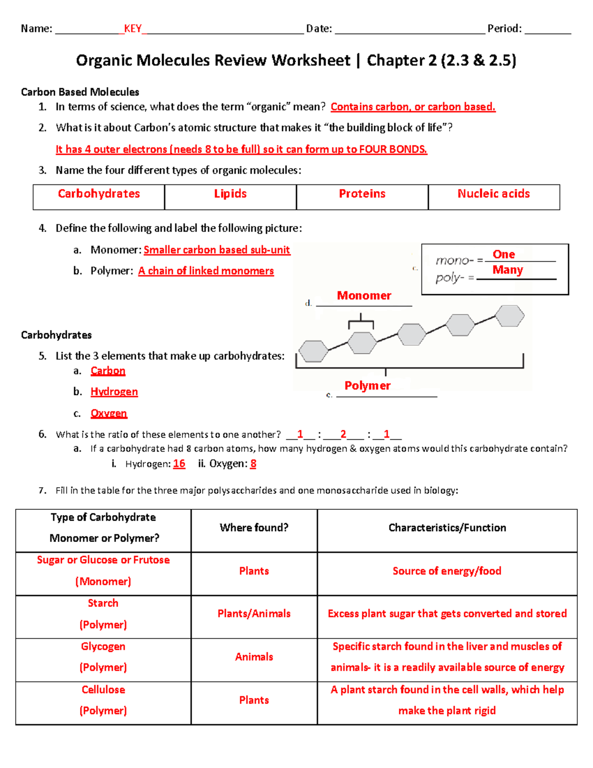 Biological Molecules Worksheet Organic Molecules (Biomolecules)
