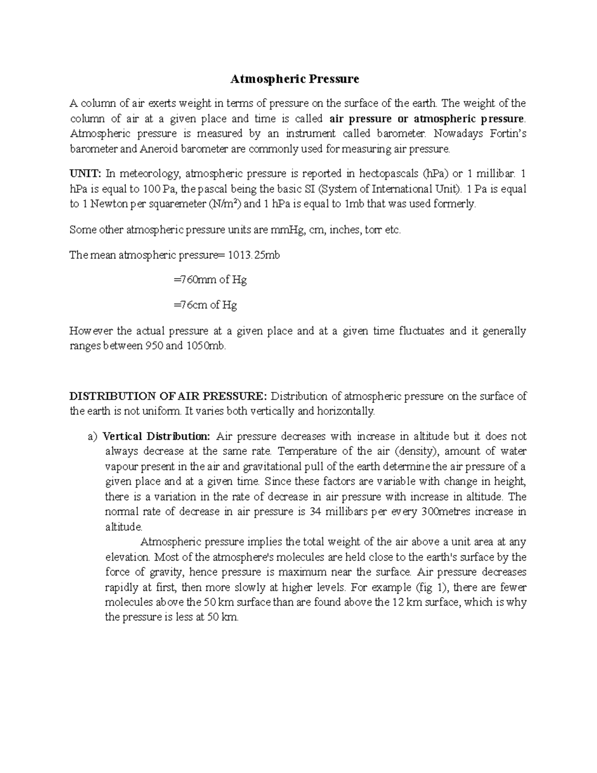 Meteorology - Atmospheric Pressure: Measurement and Distribution - Studocu