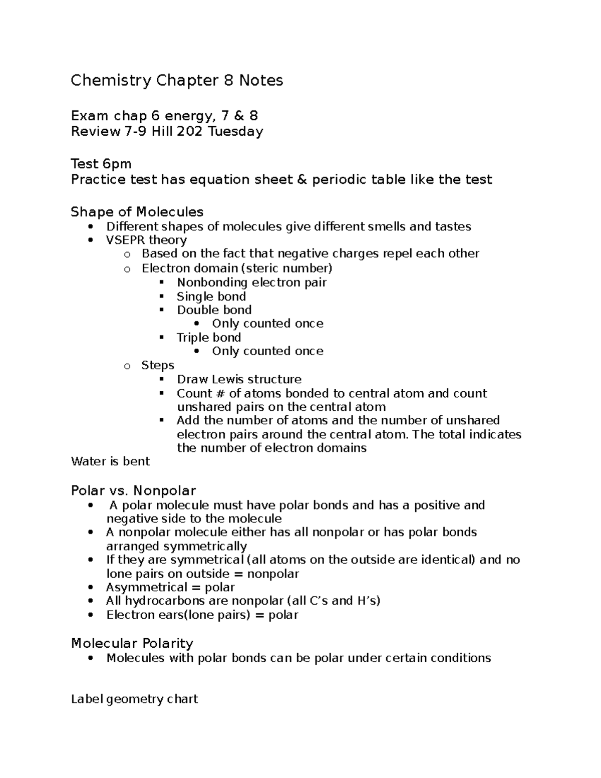 Chemistry CH8 Notes: Molecule Shapes and Polarity Overview - Studocu