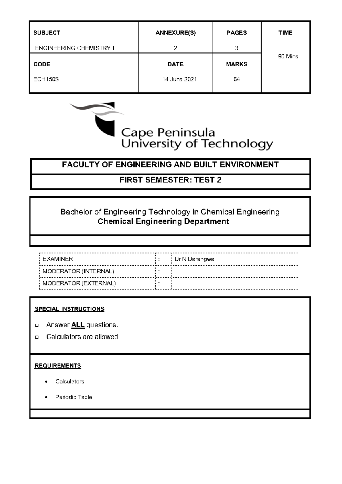 ECH150S Engineering Chemistry I Semester Test 2 - June 2021 - Studocu