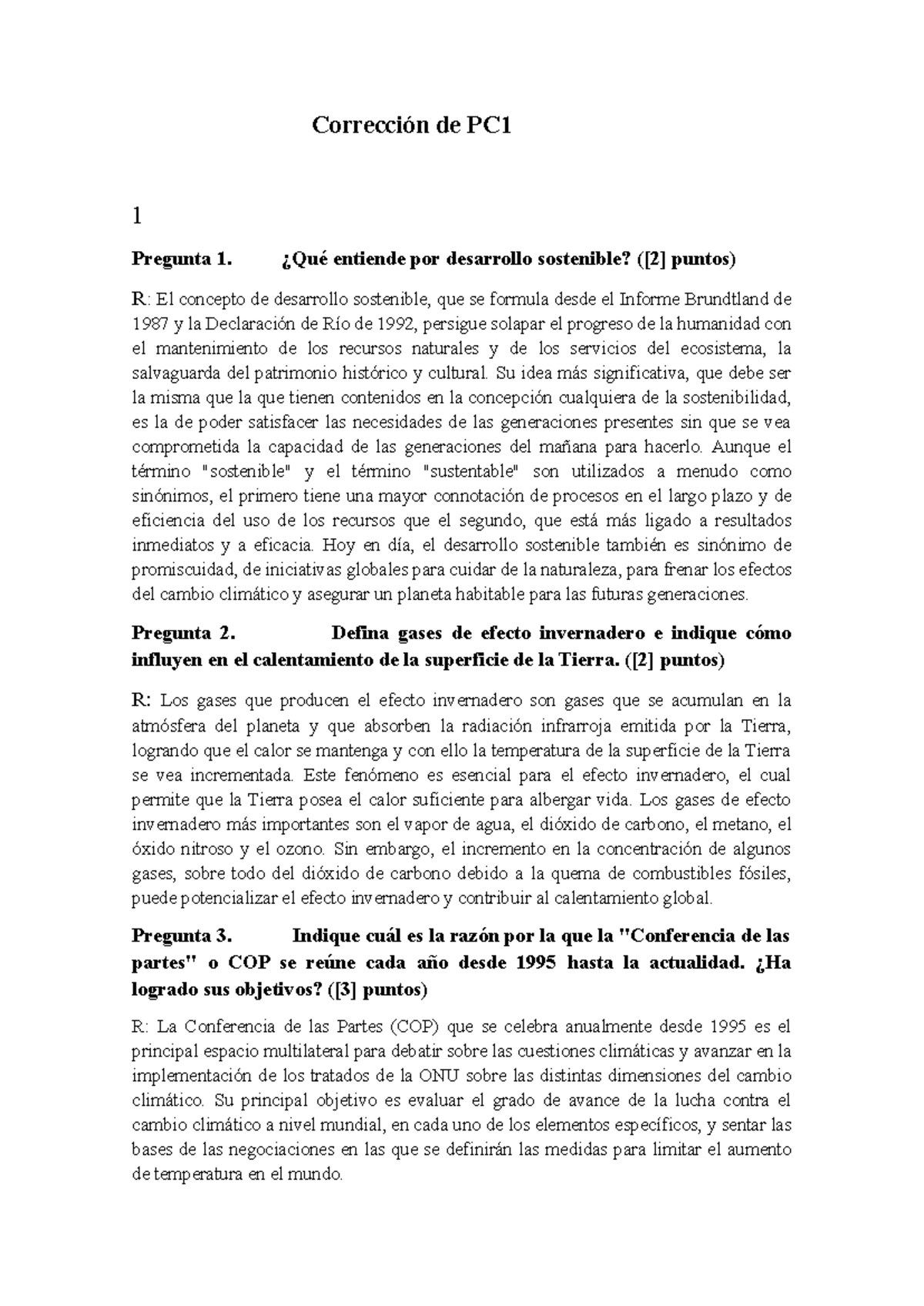 Corrección de PC1: Desarrollo Sostenible y Cambio Climático - Studocu