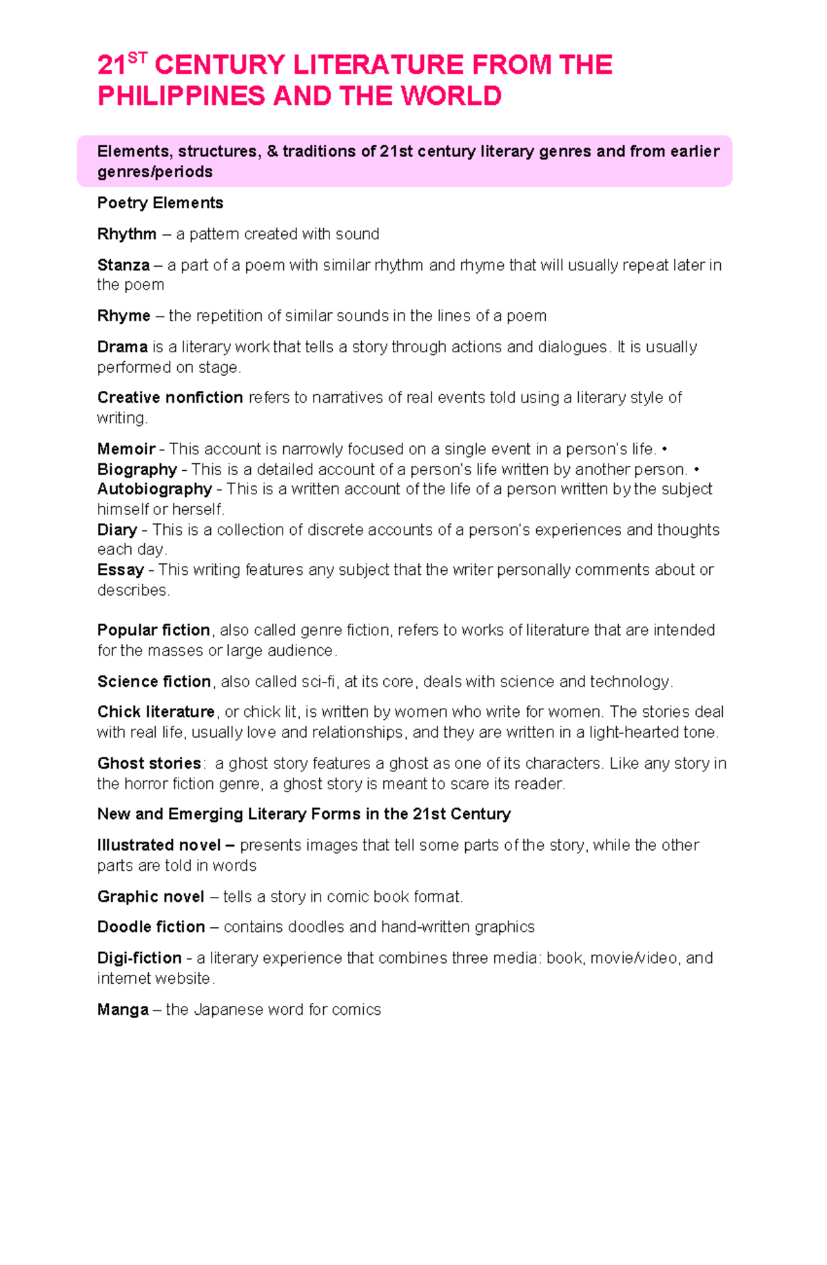 21ST Century Literary Elements: Genres & Traditions Analysis - Studocu