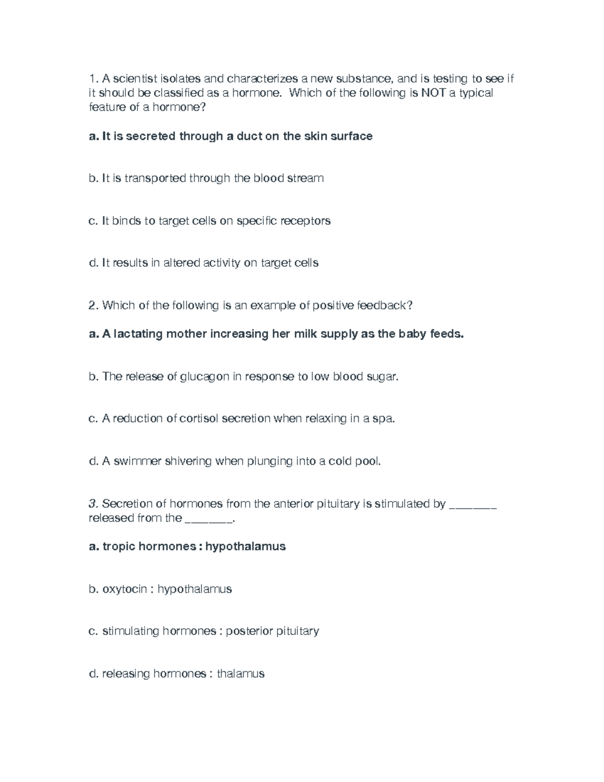 Biology 101: Answers for Quiz 2 on Hormones & Feedback Mechanisms - Studocu