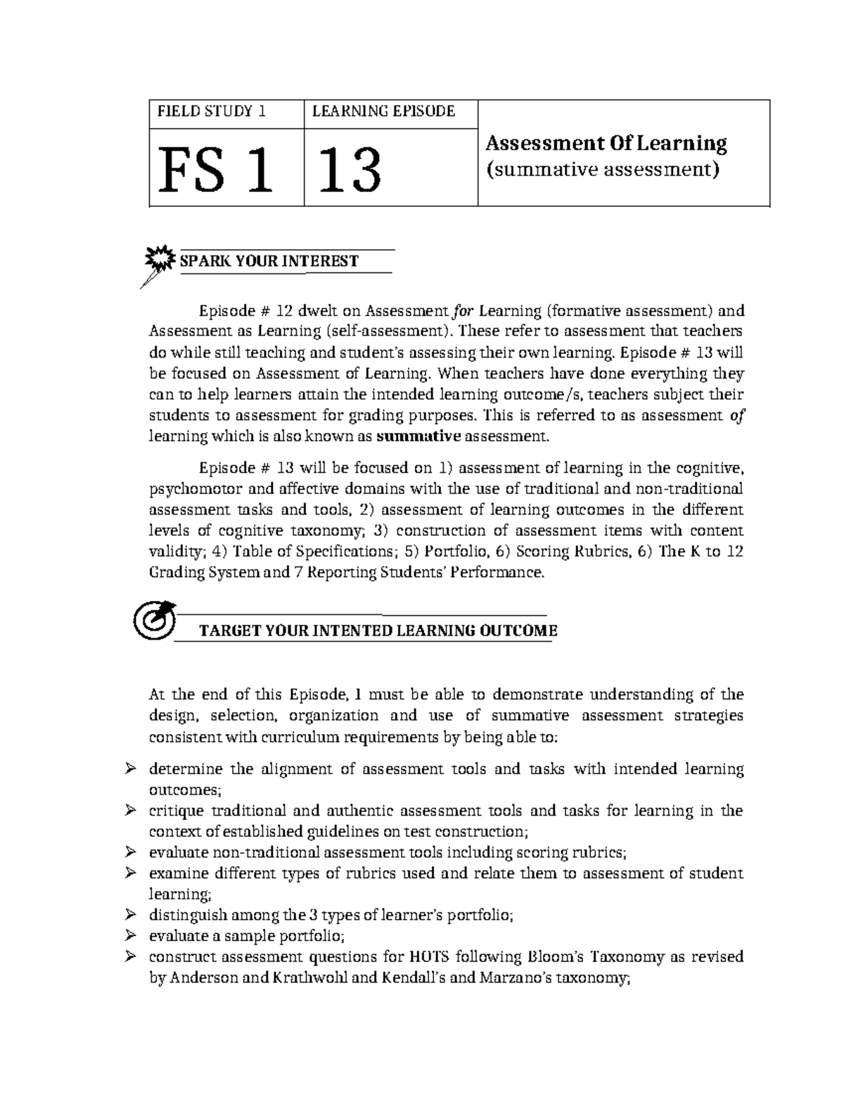 Assessment of Learning Strategies - FS1 Learning Episode 13 - Studocu