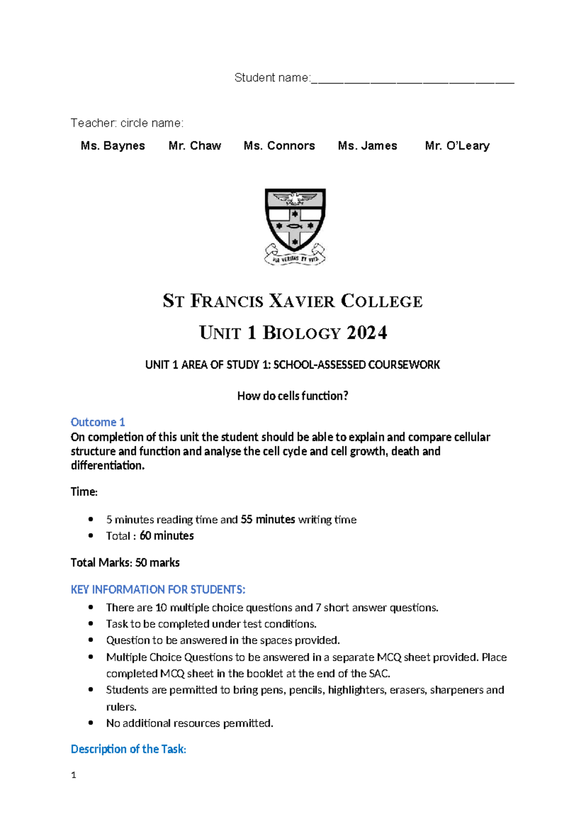 2024 U1O1 Biology SAC: Cellular Structure & Function Exam Guide - Studocu
