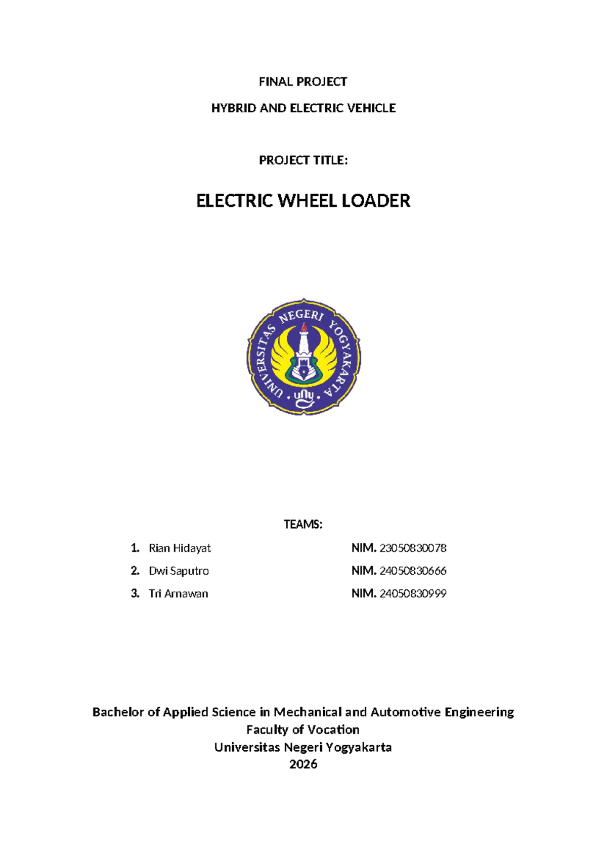FINAL PROJECT: ELECTRIC WHEEL LOADER DESIGN (HEV 2026) - Studocu