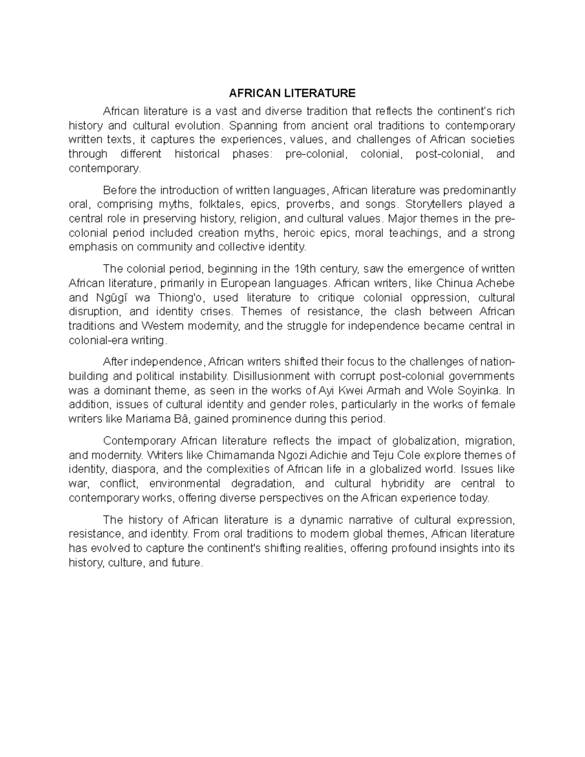 African Literature: Evolution from Oral Traditions to Global Voices ...