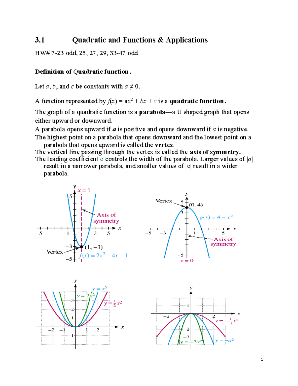 F24 - 1414 - Quadratic Functions & Applications Overview - Studocu