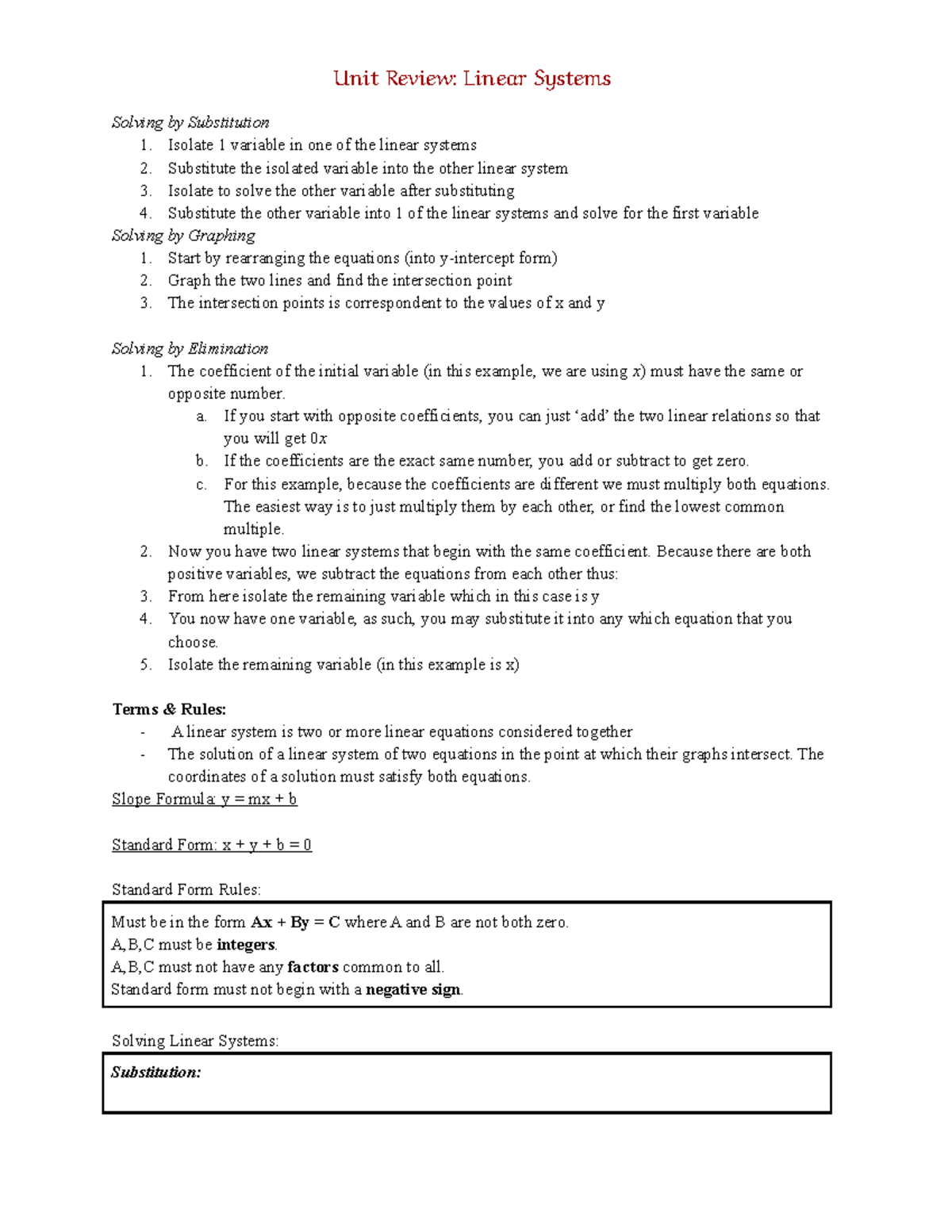 Grade 9 Review Linear Systems - Unit Review: Linear Systems Solving by ...