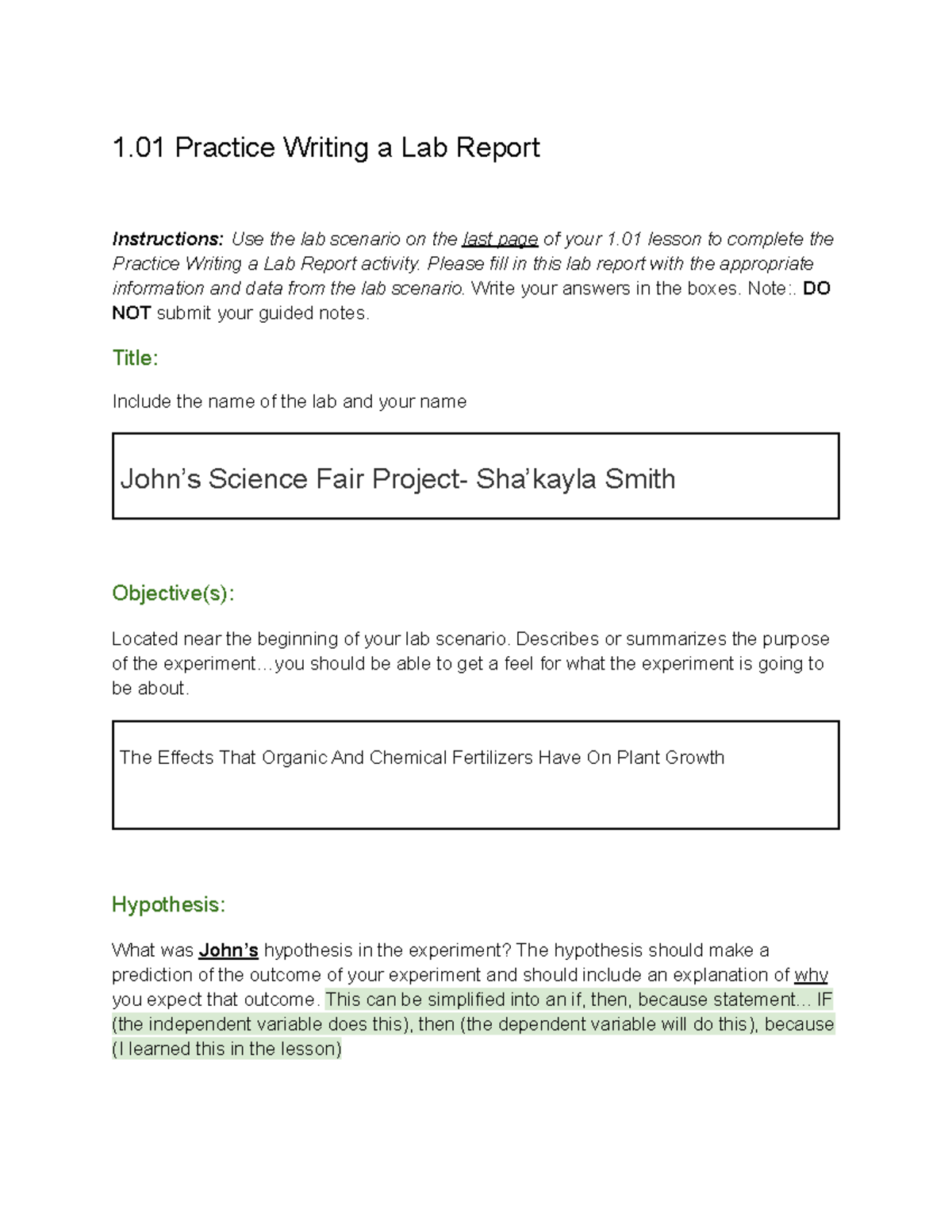 1.01 Biology Lab Report Practice: Effects of Fertilizers on Plants ...