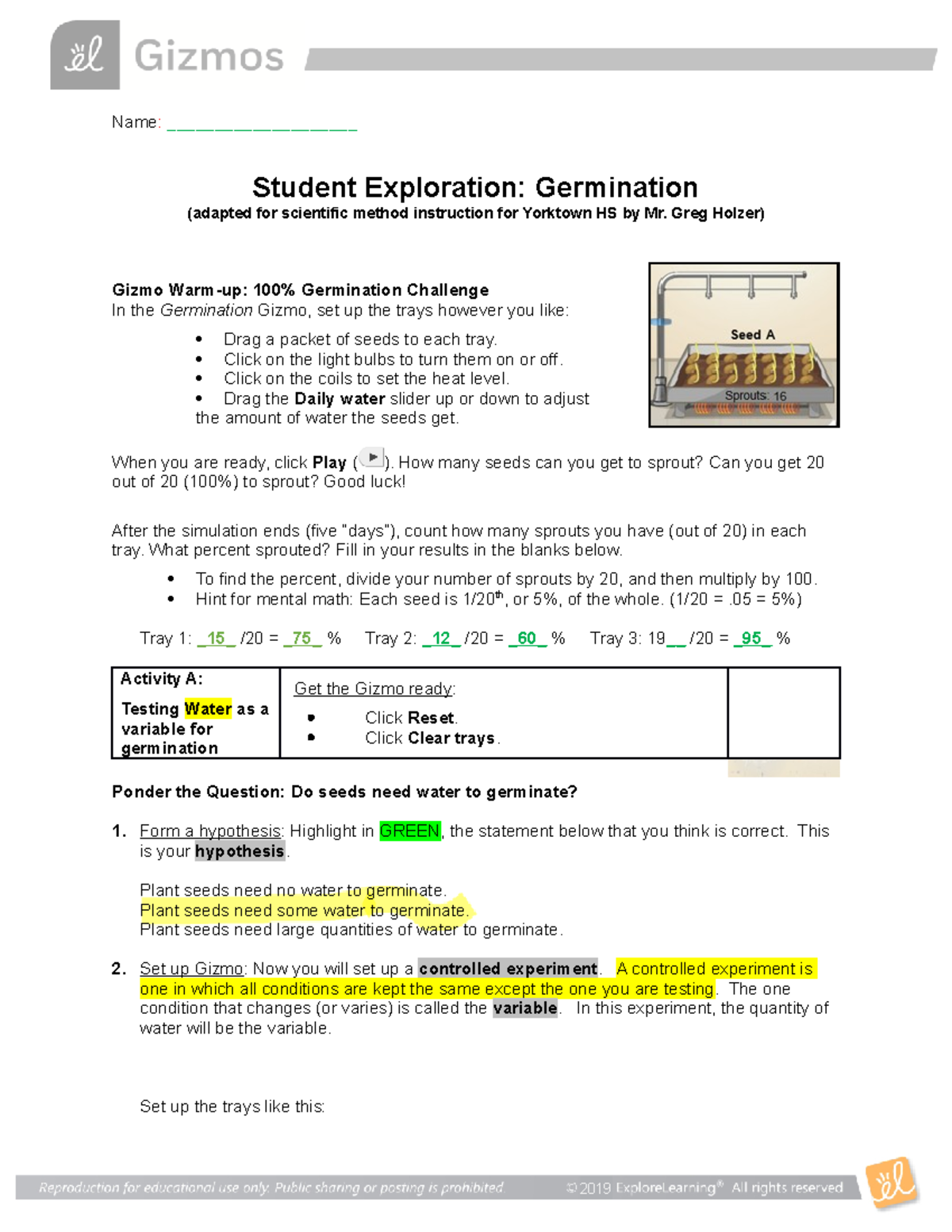 Germination (Scientific Method) Gizmo - Name ...