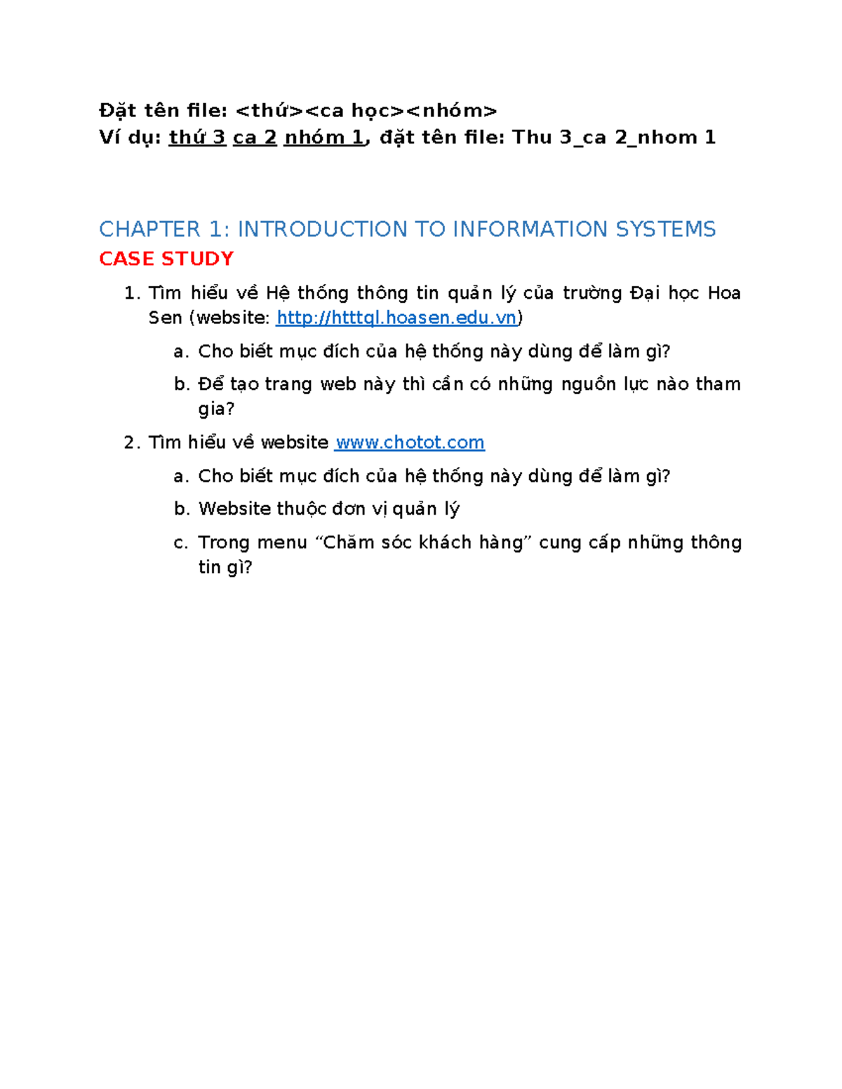 Chapter 1 BT tình huống (30 phút) - Đặt tên file: Ví dụ: thứ 3 - Studocu