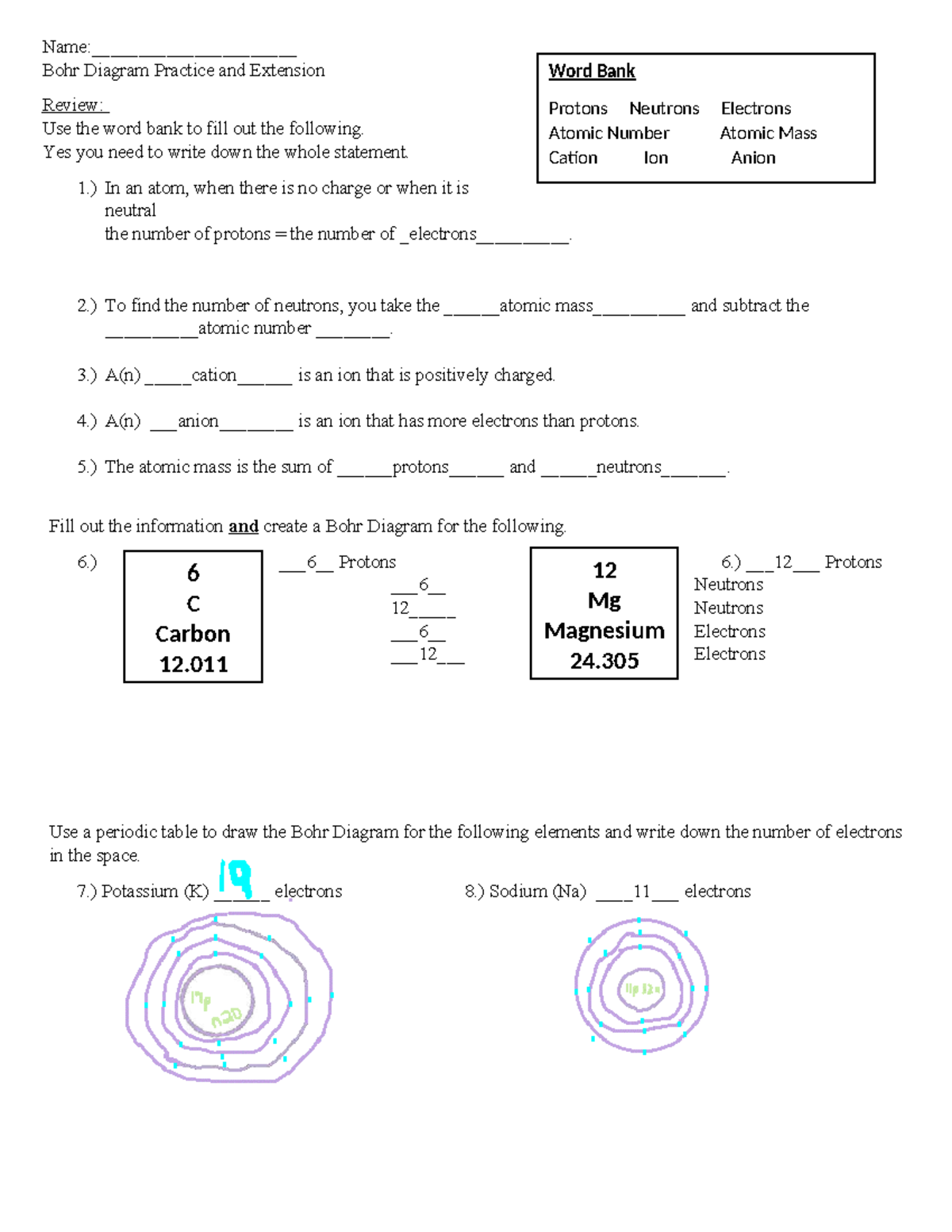 Bohr Diagram Practice & Extension Review: Word Bank Guide - Studocu